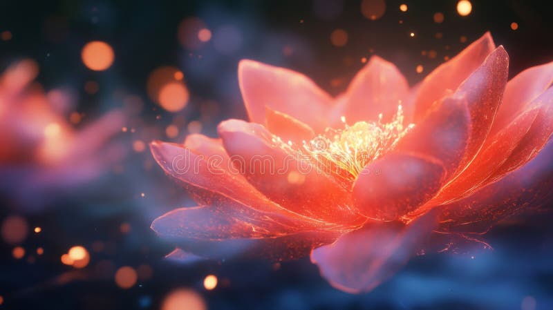 Glowing Orange Lotus Flower in Dark Blue Setting Stock Illustration ...