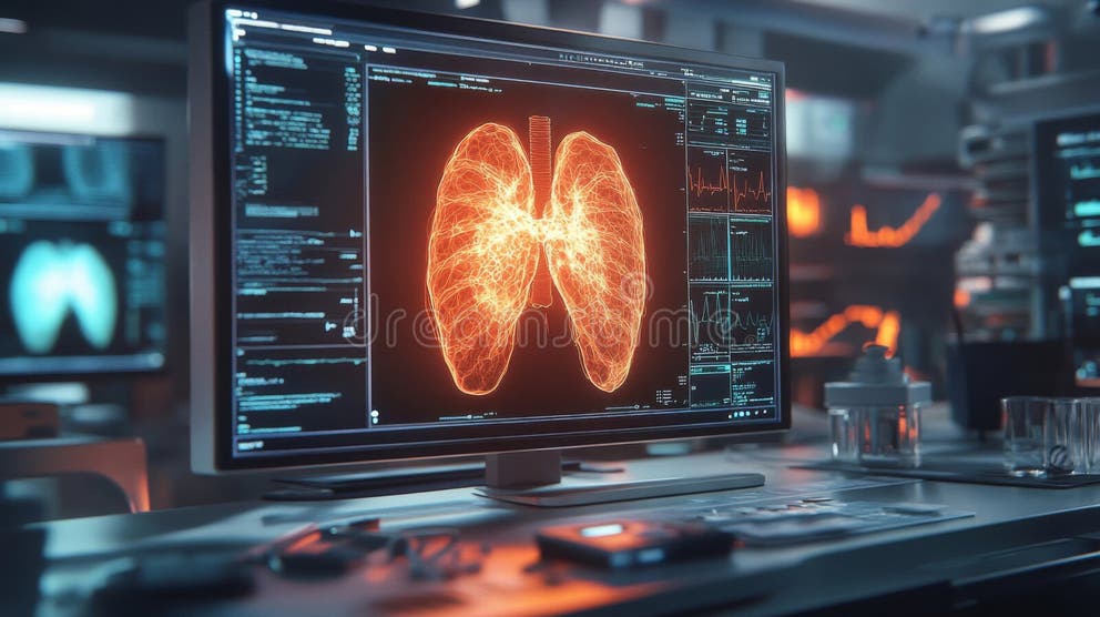 Glowing Orange Lungs Displayed on a Futuristic Computer Screen in a ...