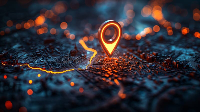 Glowing Map Marker on Night Cityscape Stock Illustration - Illustration ...