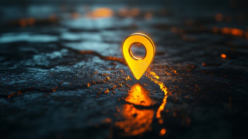 Glowing Orange Map Pin on Dark Wet Surface at Night. Navigation and ...