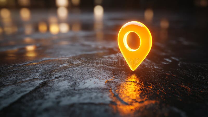 Glowing Orange Map Pin on Wet Ground at Night, Reflects Modern ...