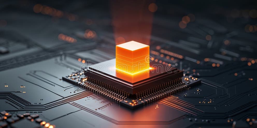 Glowing Orange Microchip on Dark Circuit Board. Stock Photo - Image of ...