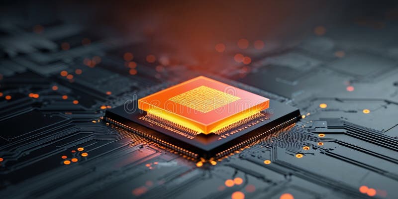 Glowing Orange Microchip on Dark Circuit Board Stock Image - Image of ...