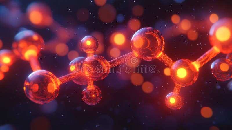 Glowing Orange Molecular Structure with Spheres and Dots on Dark ...