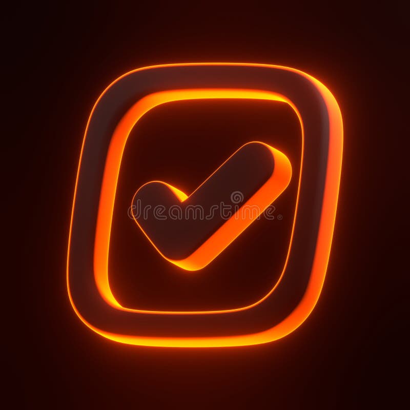 Glowing Orange Neon Check Mark Icon on Dark Background Stock ...