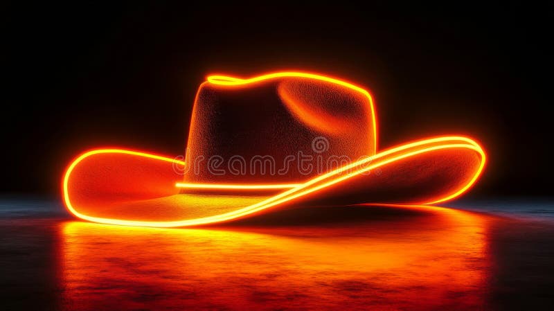 Glowing Orange Neon Cowboy Hat on Dark Surface Stock Illustration ...