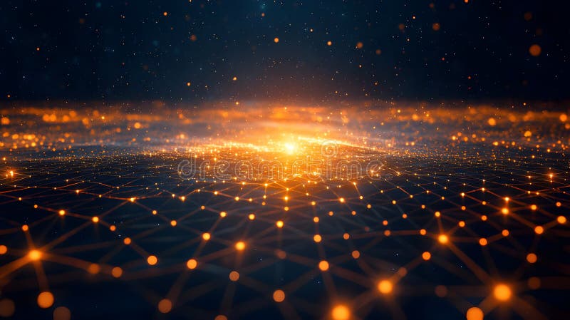Glowing Orange Network on Dark Blue Space Background with Connected ...