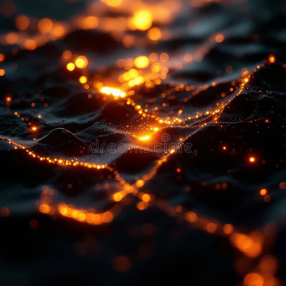 Glowing Orange Network Lines Spread Across a Dark, Rippled Surface ...