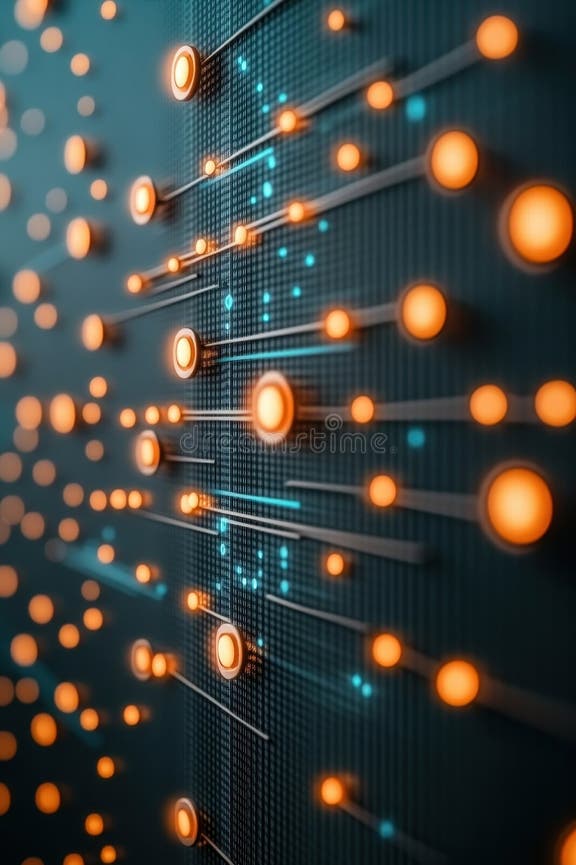 Glowing Orange Nodes Connect Across Dark Grid, Forming Artificial Neural Networks, Sending ...