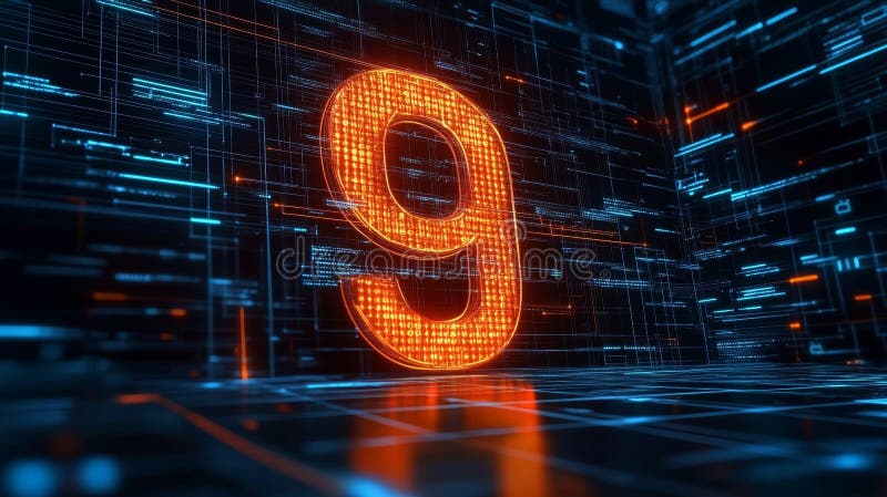 Glowing Orange Number Nine in a Futuristic Digital Environment with a ...