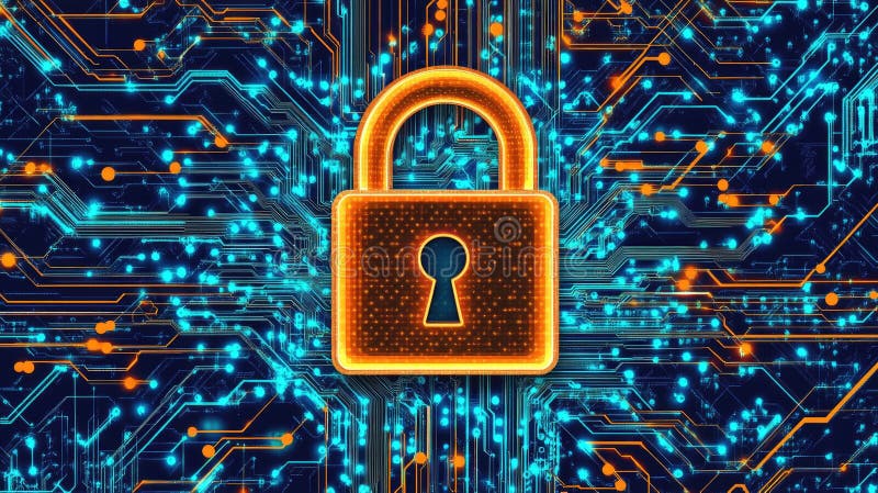 Glowing Orange Padlock on a Blue Circuit Board Background Representing ...
