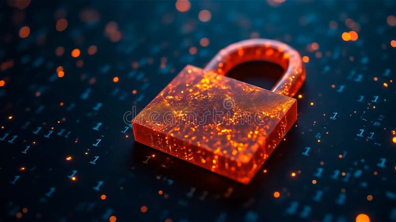 Secure Data Lock with Glowing Orange Padlock on Digital Background Showcasing Encryption ...