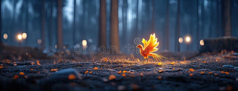 Glowing Orange Phoenix Stands in a Dark Forest at Night, Illuminated by ...