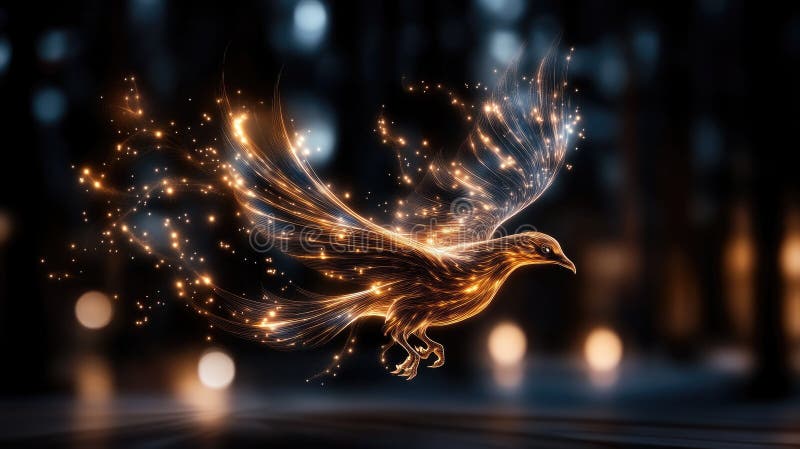 Glowing Orange Phoenix Stands in a Dark Forest at Night, Illuminated by ...