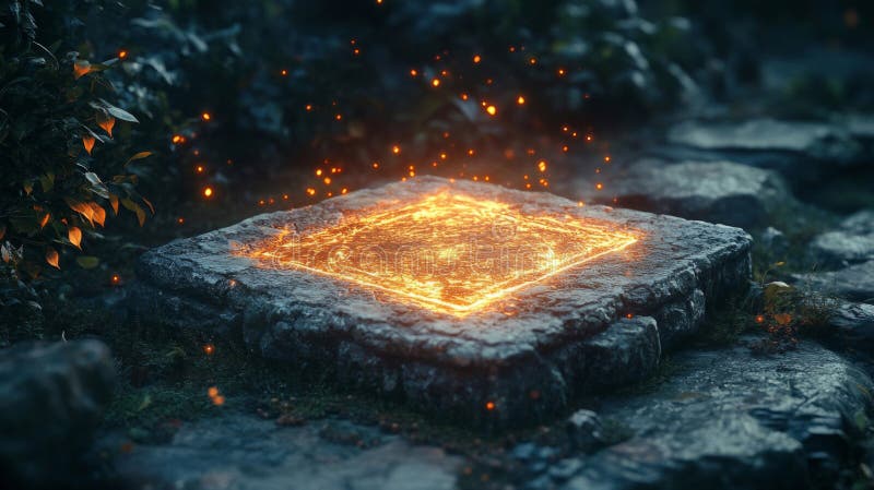 Glowing Orange Pixelated Stone Altar with Magical Fire Sparks in a ...