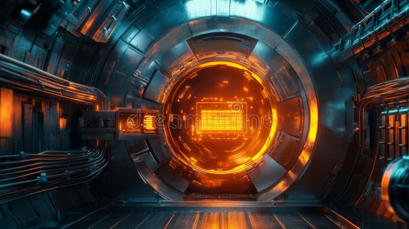 Glowing Orange Portal in Futuristic Metal Structure Stock Illustration - Illustration of ...