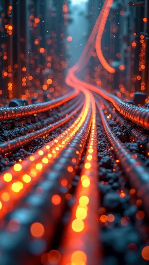 Glowing Orange Power Cables in Futuristic Industrial Setting Stock ...