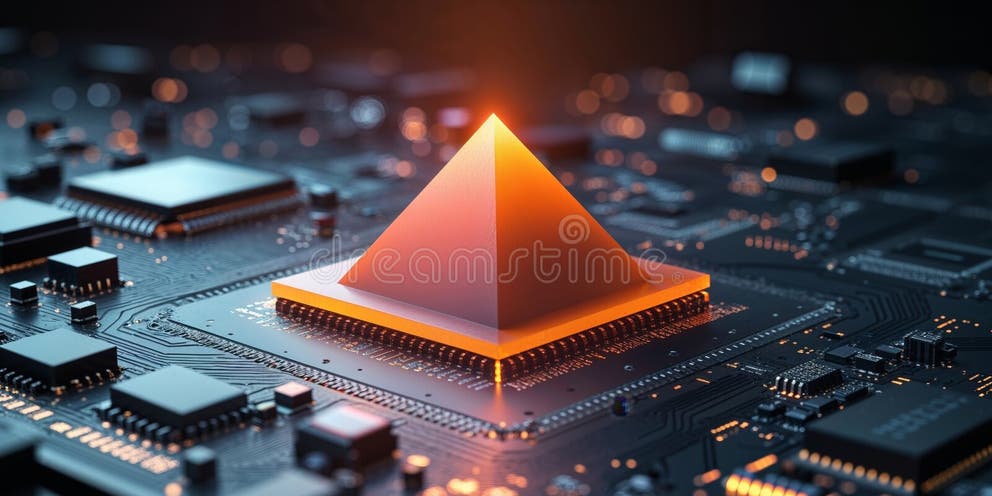 Glowing Orange Pyramid on a Circuit Board. Stock Image - Image of ...