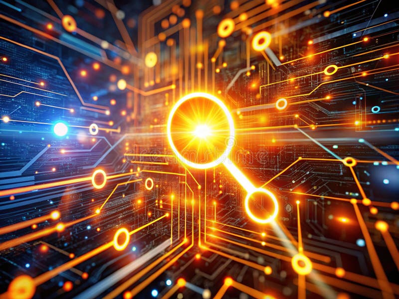 A Glowing Orange Search Icon Illuminates a Futuristic Digital Network ...