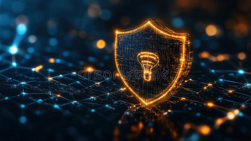 Glowing Orange Shield Icon on a Digital Network Background for ...