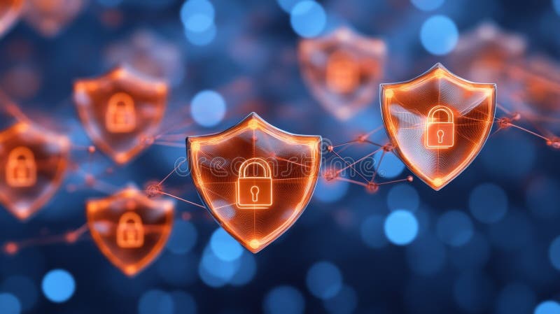 Glowing Orange Shields with Lock Symbols Connected on a Deep Blue Bokeh ...