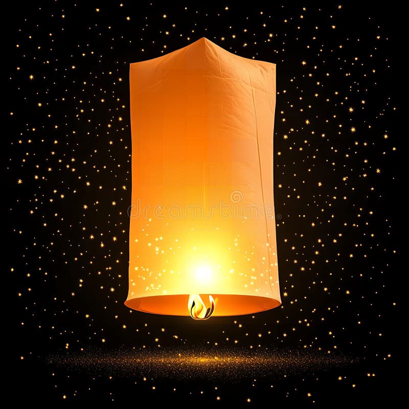 Glowing Orange Sky Lantern at Night with Sparkling Stars Magical ...