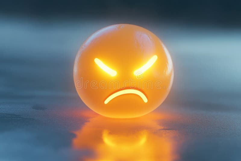 Glowing Orange Sphere with an Angry Expression on a Reflective Surface ...