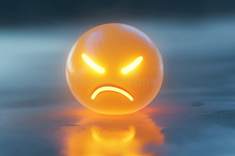 Glowing Orange Sphere with an Angry Expression on a Reflective Surface ...