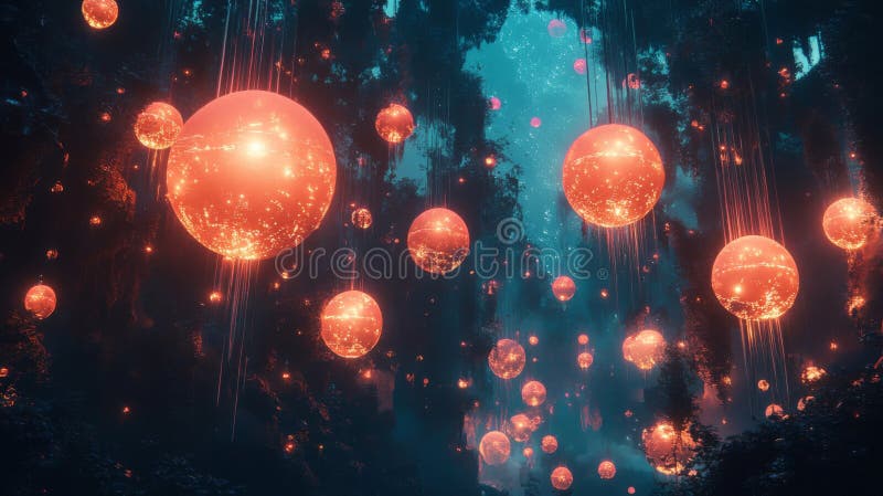 Glowing Orange Spheres in a Dark Blue Fantasy Forest Stock Illustration ...