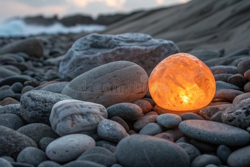 Glowing Orange Stone among Grey Pebbles, Abstract Nature Background ...