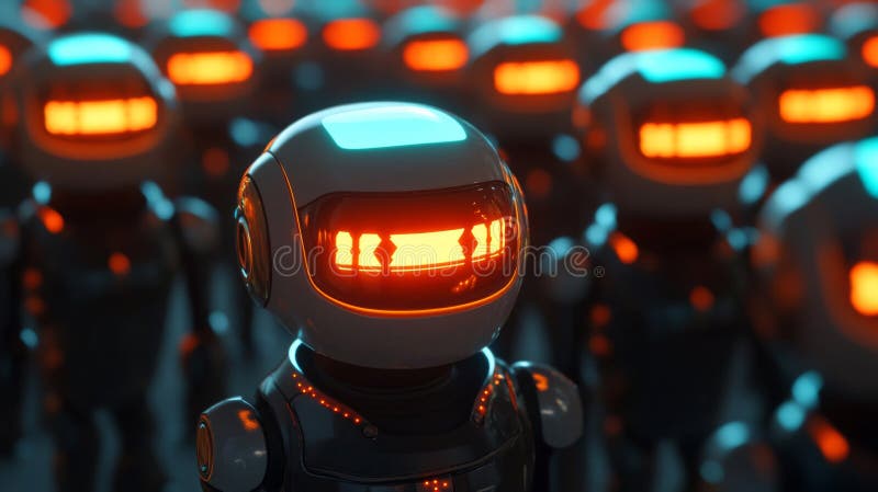 Glowing Orange and Teal Robots Crowd Futuristic Digital Art Stock ...