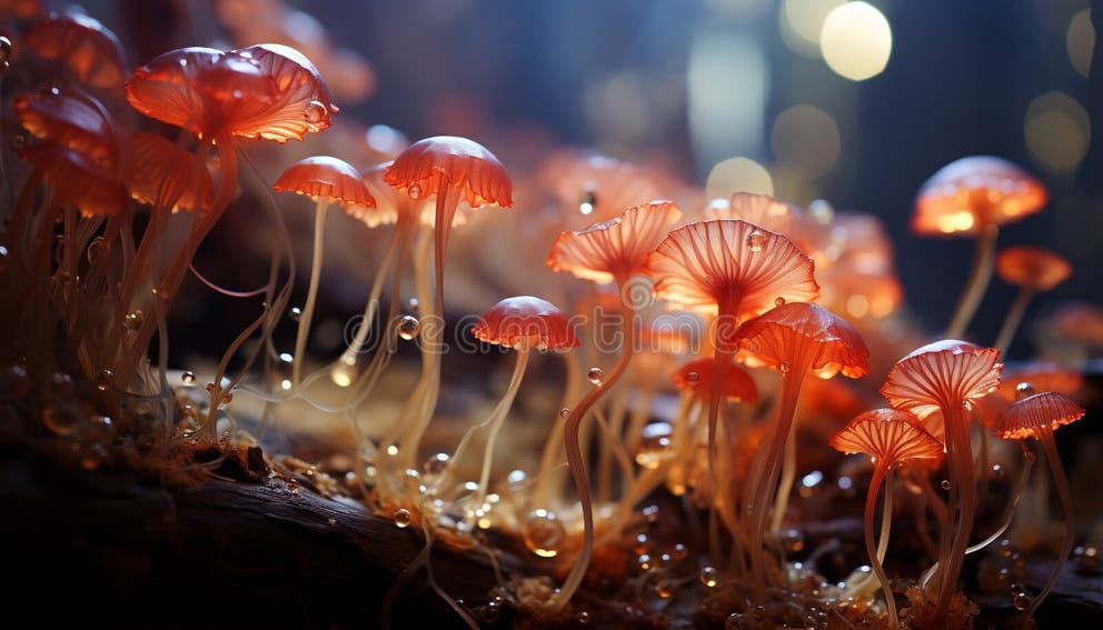 Glowing Orange Toadstool Grows on Wet Forest Branch Generated by AI ...