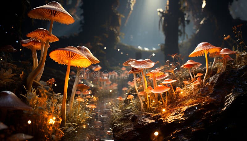Glowing Orange Toadstool Shines in Dark Forest, Autumn Beauty Generated ...
