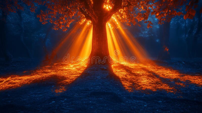 Glowing Orange Tree in a Dark Blue Forest at Night Stock Illustration ...