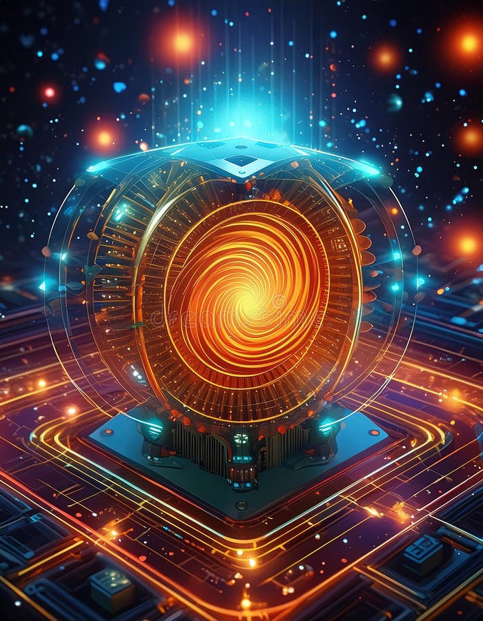 A Glowing Orange Vortex Inside a Glass Cube, Resting on a Microchip ...