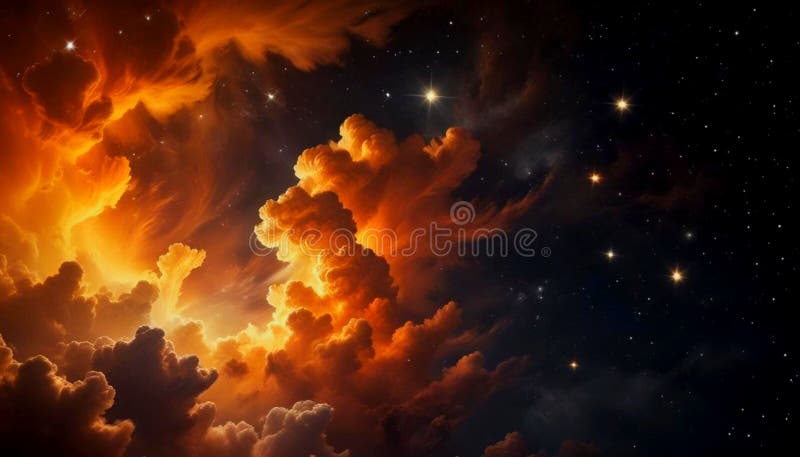 Glowing Orange and Yellow Cosmic Clouds in a Dark Night Sky with Stars ...