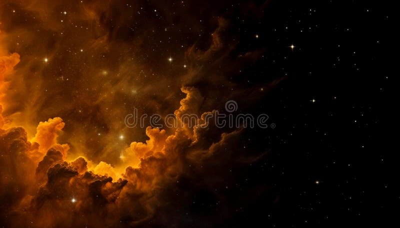 Glowing Orange and Yellow Cosmic Clouds in a Dark Night Sky with Stars ...