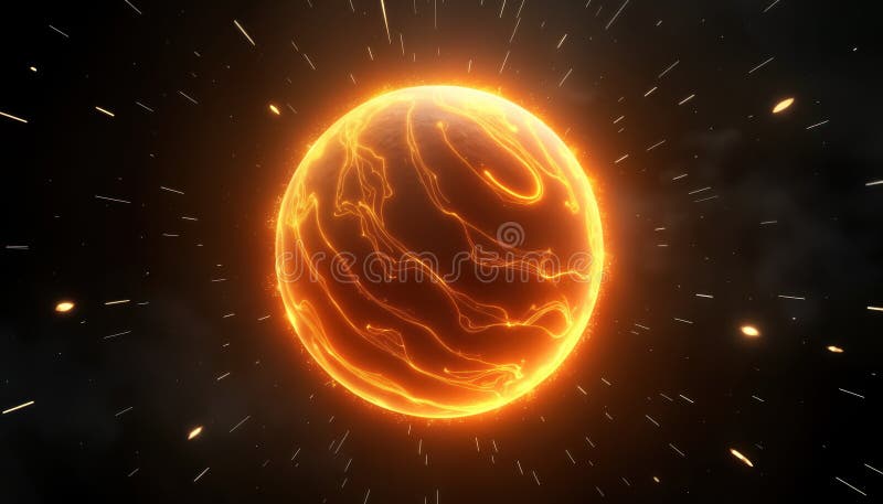 Glowing Orb Emits Bright Light in Dark Space. Energy Flows Around ...