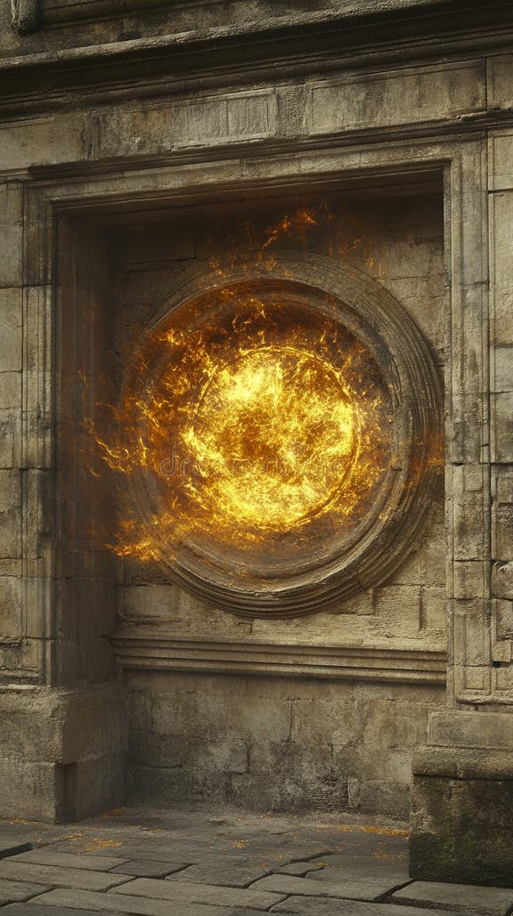A Glowing Orb of Energy within a Stone Frame on a Weathered Brick Wall ...