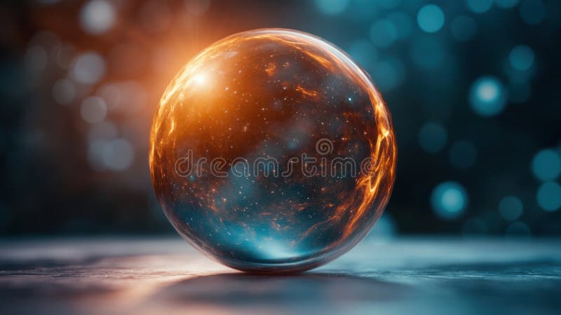 Glowing Orb with Fiery and Cosmic Patterns on a Reflective Surface, AI ...