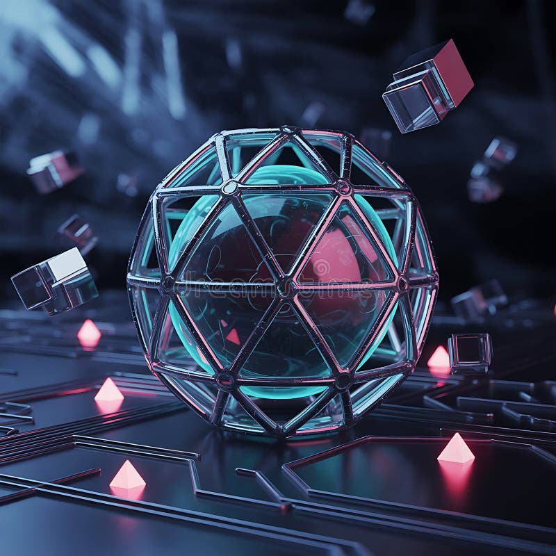 Glowing Orb in Geodesic Cage with Floating Cubes Abstract Stock ...