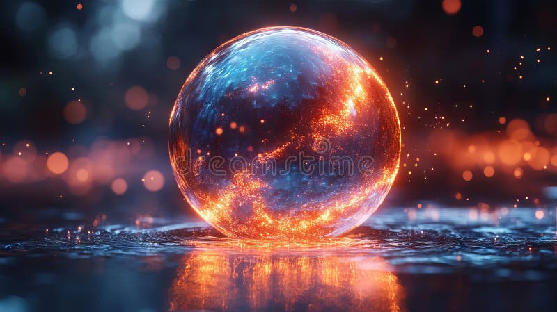 A Glowing Orb Reflects Vibrant Colors in a Mystical Water Surface Stock ...