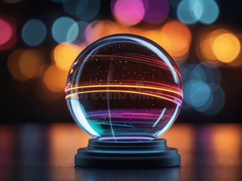 A Glowing Orb on a Stack of Glass Panels with Neon Light Lines. Stock ...