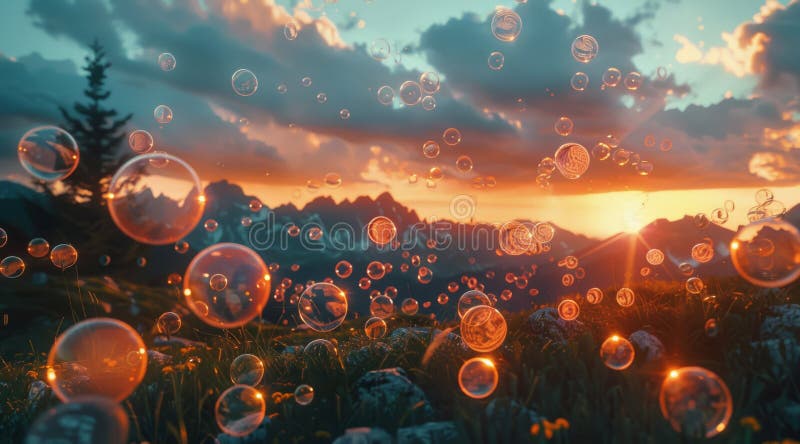Illuminated Bubbles at Sunset Over Mountain Landscape Stock Photo - Image of magical, nature ...
