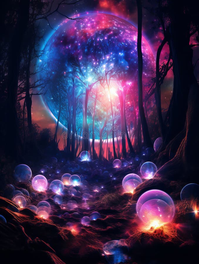Glowing orbs in forest stock illustration. Illustration of woods ...