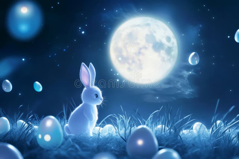 A Glowing, Otherworldly Easter Bunny Standing Under a Full Moon ...