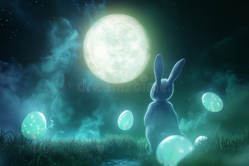A Glowing, Otherworldly Easter Bunny Standing Under a Full Moon ...