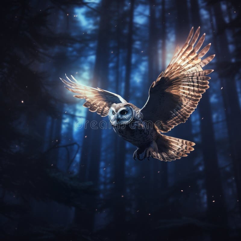 A Glowing Owl Flying at Night Over the Forest Stock Illustration ...
