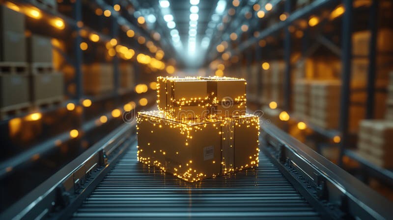 Glowing Packages on a Conveyor Belt in a Busy Warehouse, Illuminated by ...