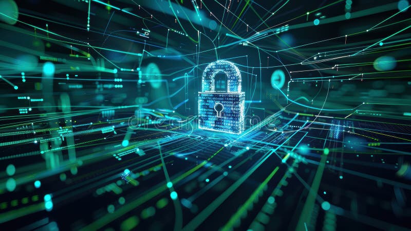 High-Tech Digital Security Featuring Glowing Padlock with Encrypted ...
